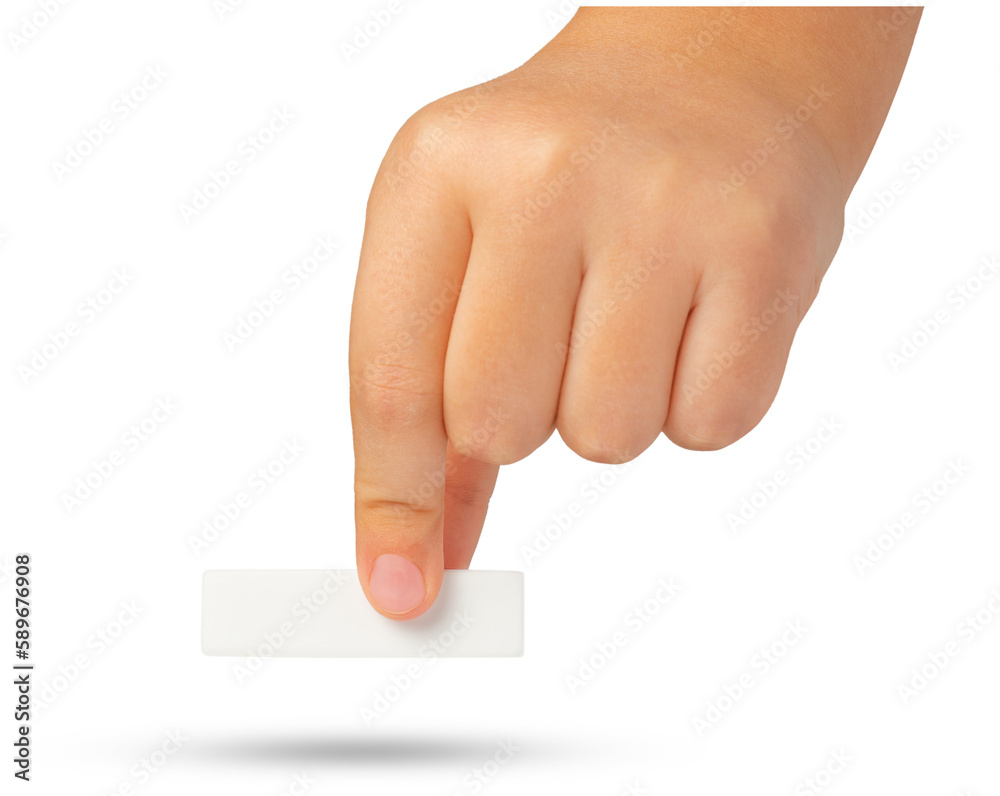 Minus sign in hand. White minus sign in a child's hand, on a ...