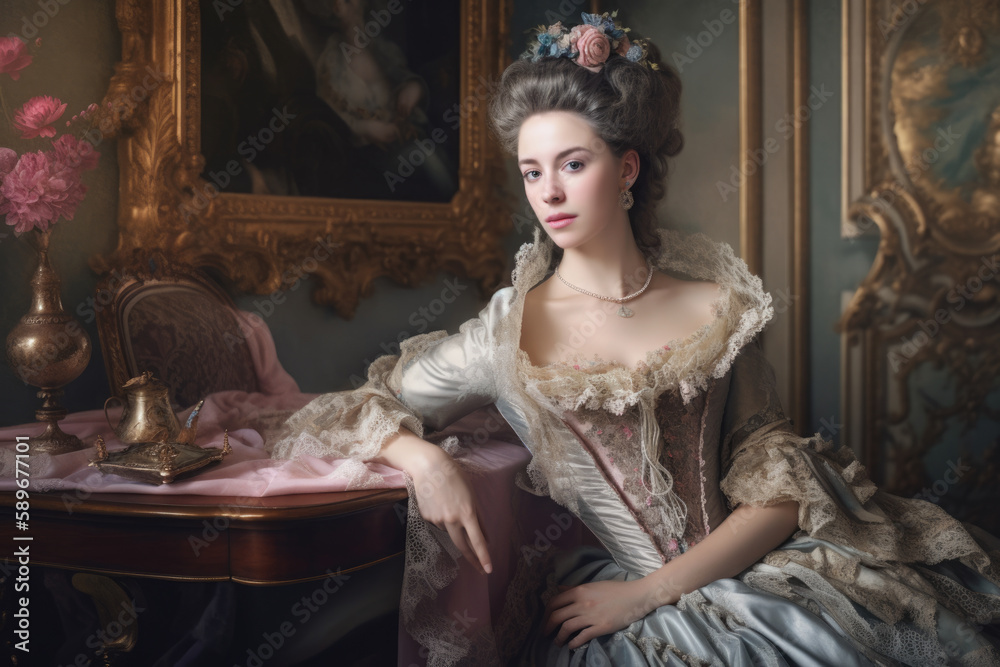 Rococo-inspired portrait of a young woman in a charming indoor scene ...