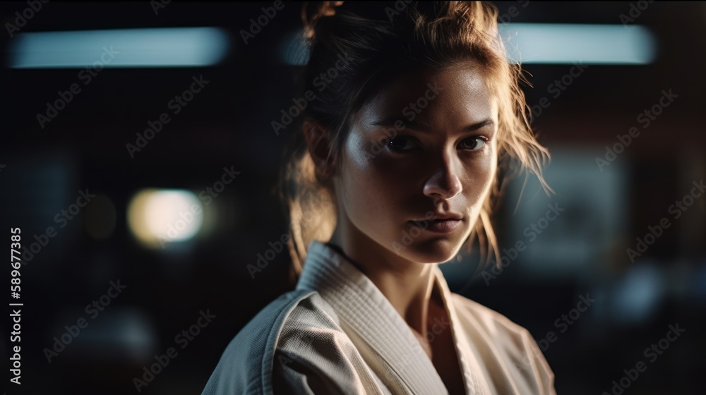 Confident young woman practicing karate in a dojo with focused ...
