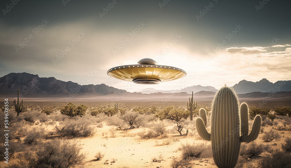 Shiny metallic UFO flying over desert and mountains. UAP, flying saucer ...