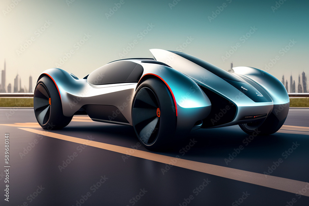 Aerial drone after a futuristic 3D concept car. Autonomous self-driving ...