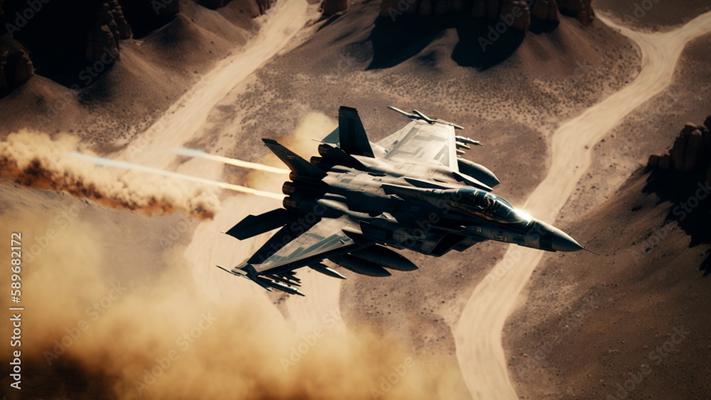 Military fighter jet crosses over a target bombing location during a ...