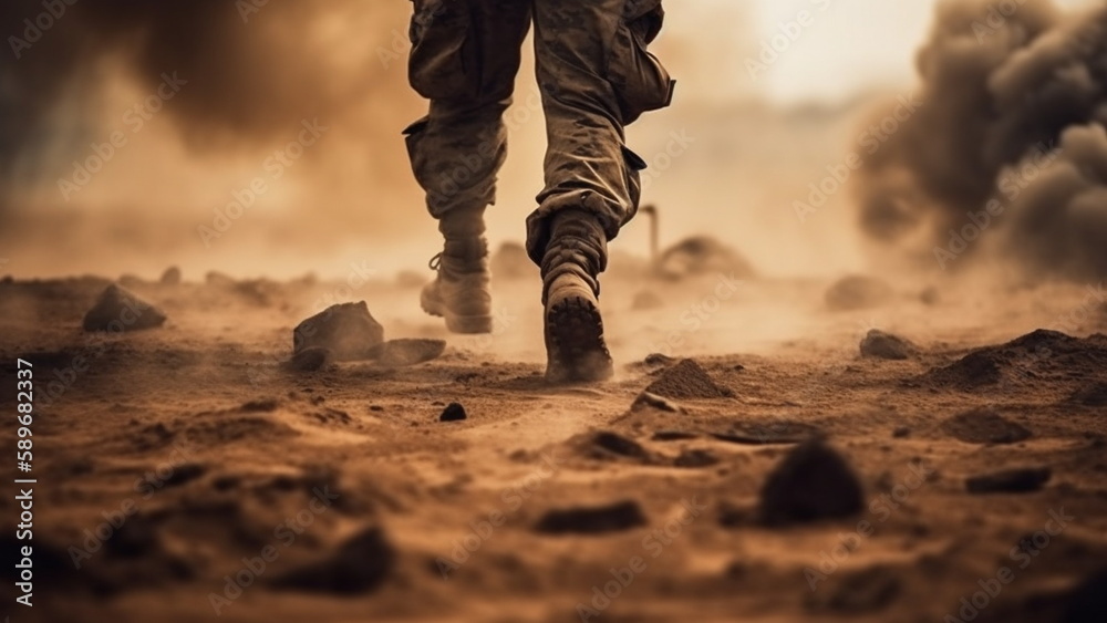 Military special forces soldier crosses destroyed warzone through fire ...