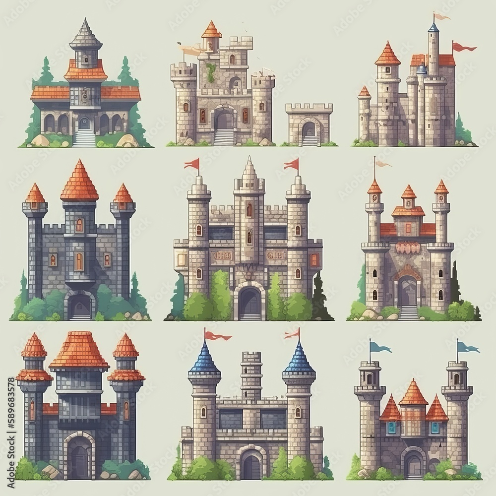 Set sprite of castle in pixel art style, suitable for gaming assets ...