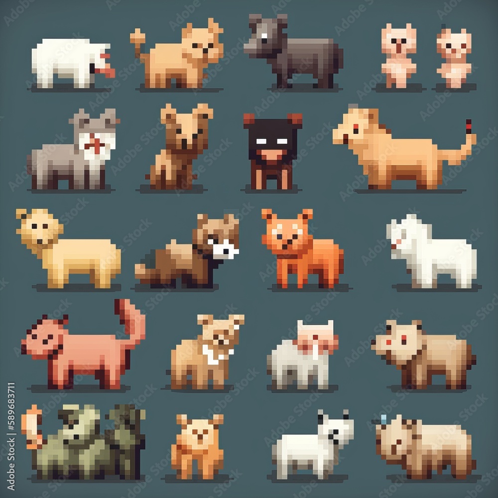 Set sprite of cute pixel art animals for gaming assets. Generative ai ...
