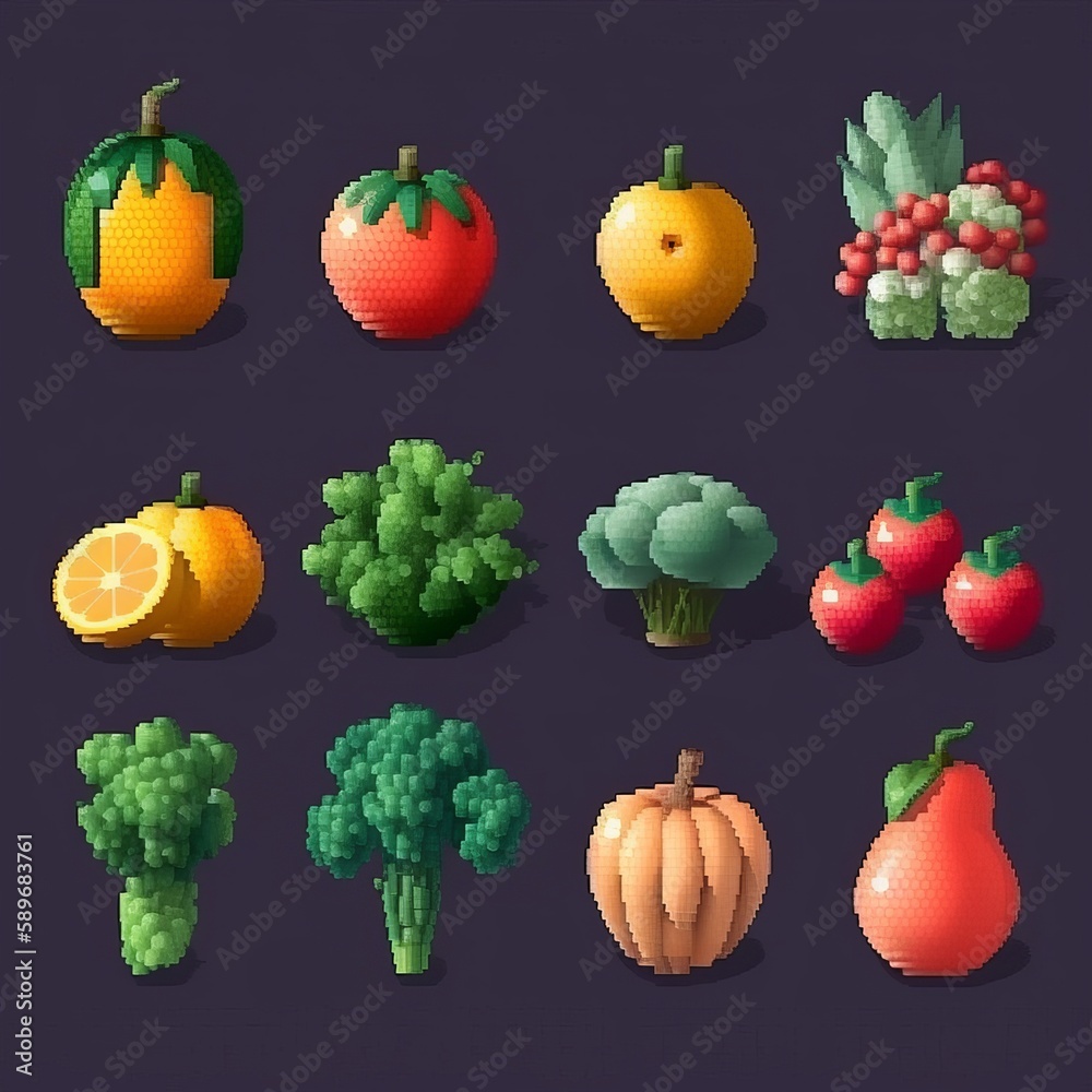 Vegetables and fruits sprite set for gaming assets, pixel art style ...