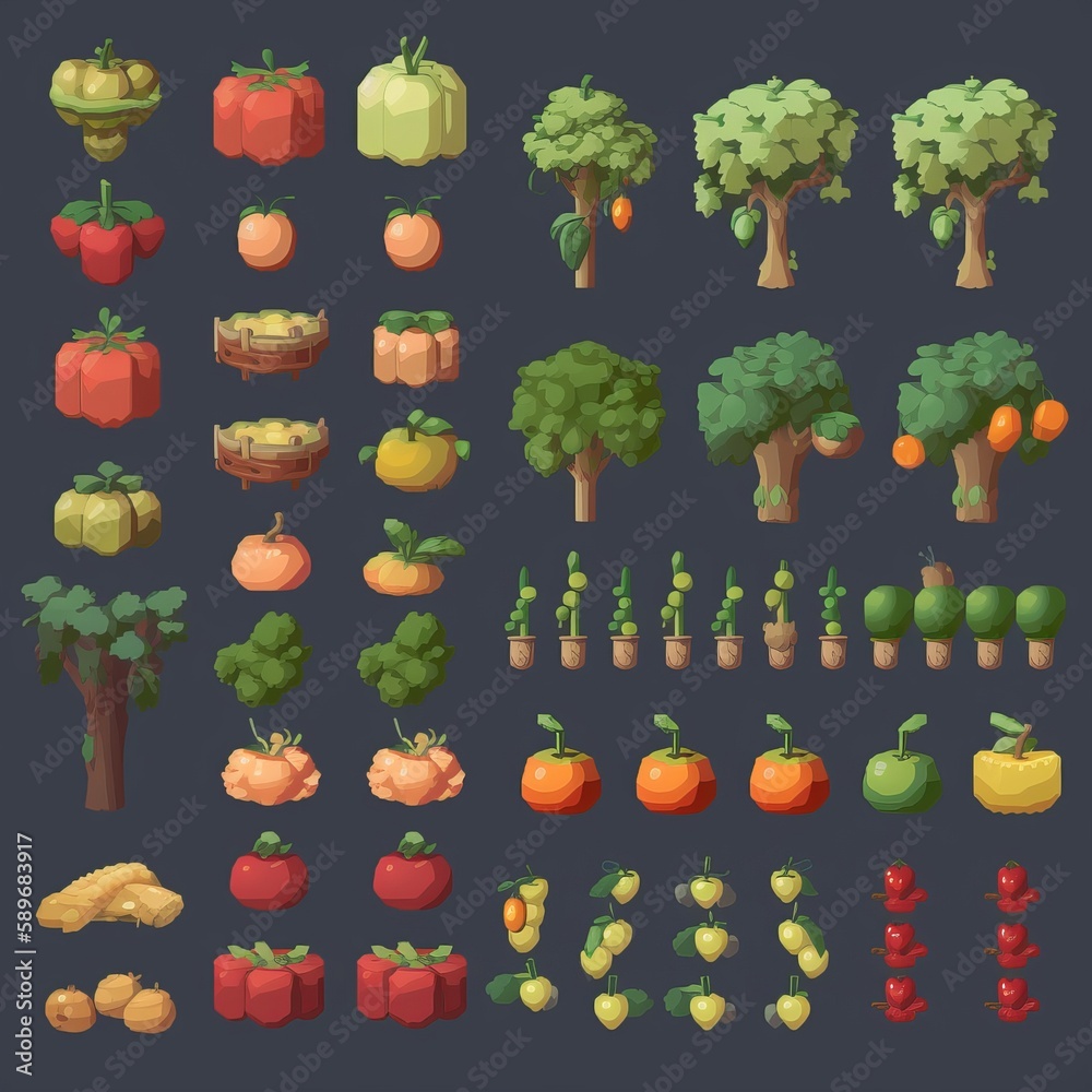 Vegetables and fruits sprite set for gaming assets, pixel art style ...