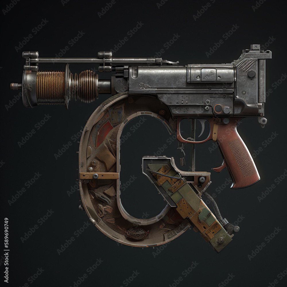 gun, steampunk, alphabet, a, b, c d, f, g, h, j, k, l, m, n, p, q, r, s ...