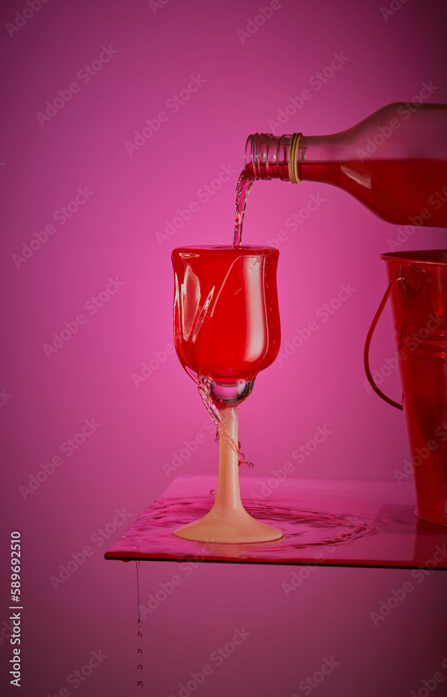 Alcohol being poured out of a bottle in to a wine glass and the alcohol ...