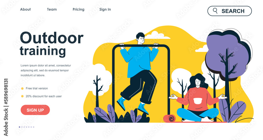 Outdoor training concept for landing page template. Man exercises on ...