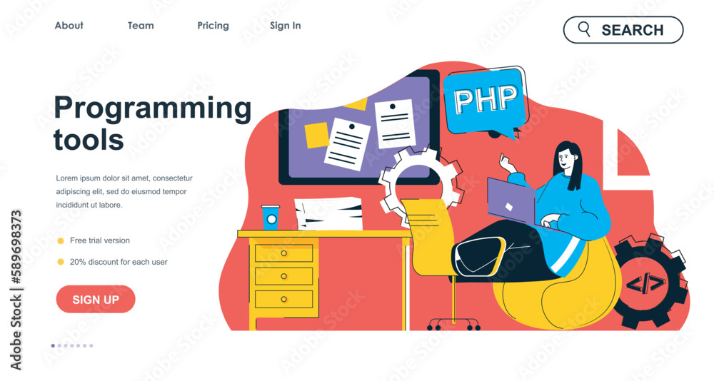 Programming tools concept for landing page template. Woman works at ...