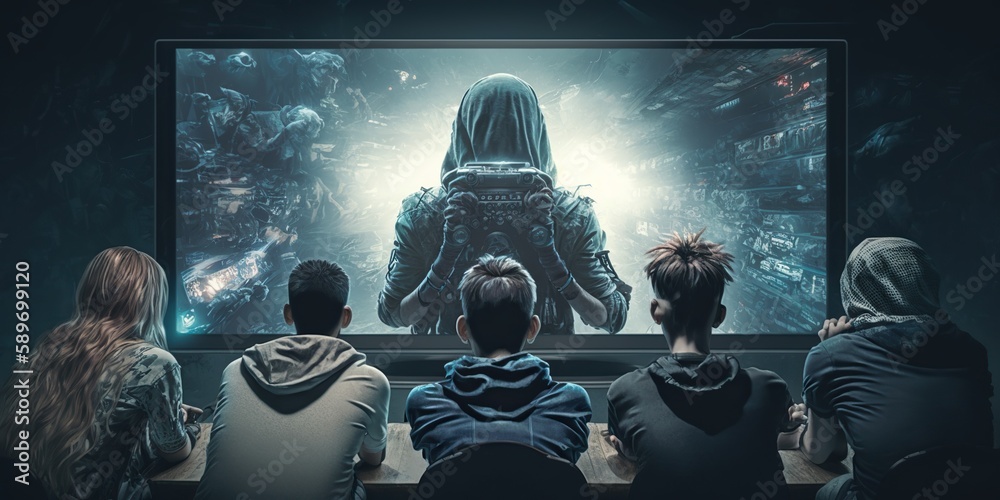 Group of gamers sitting in front of large screen intensely focused on ...