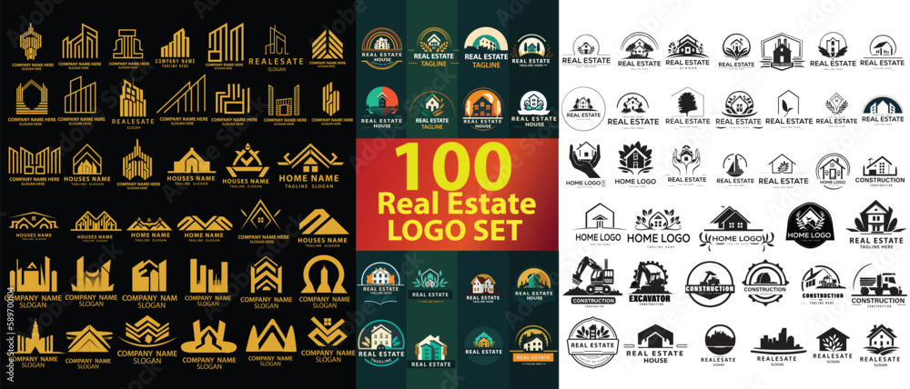 Vetor de 100 Real Estate Logo set, Minimal Building logo set ...