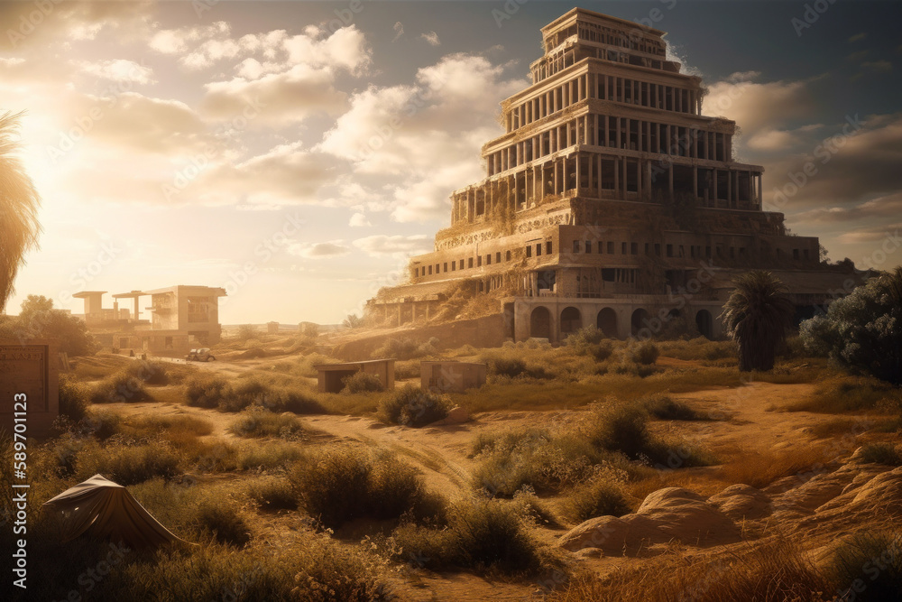 Ancient city of Babylon with the tower of Babel, bible and religion. AI ...