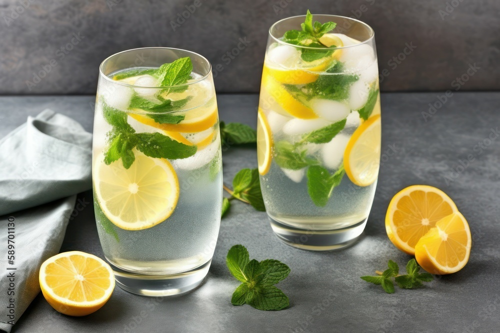 Summer healthy lemonade, cocktails of citrus infused water or mojitos ...
