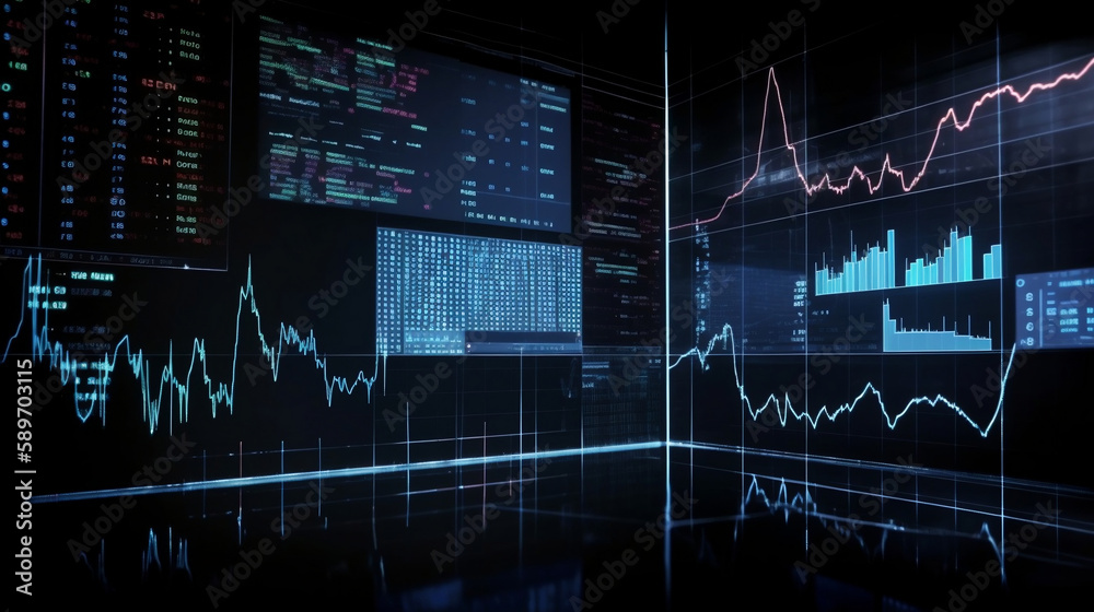 Forex chart with statistic data and market quotes on digital screen ...