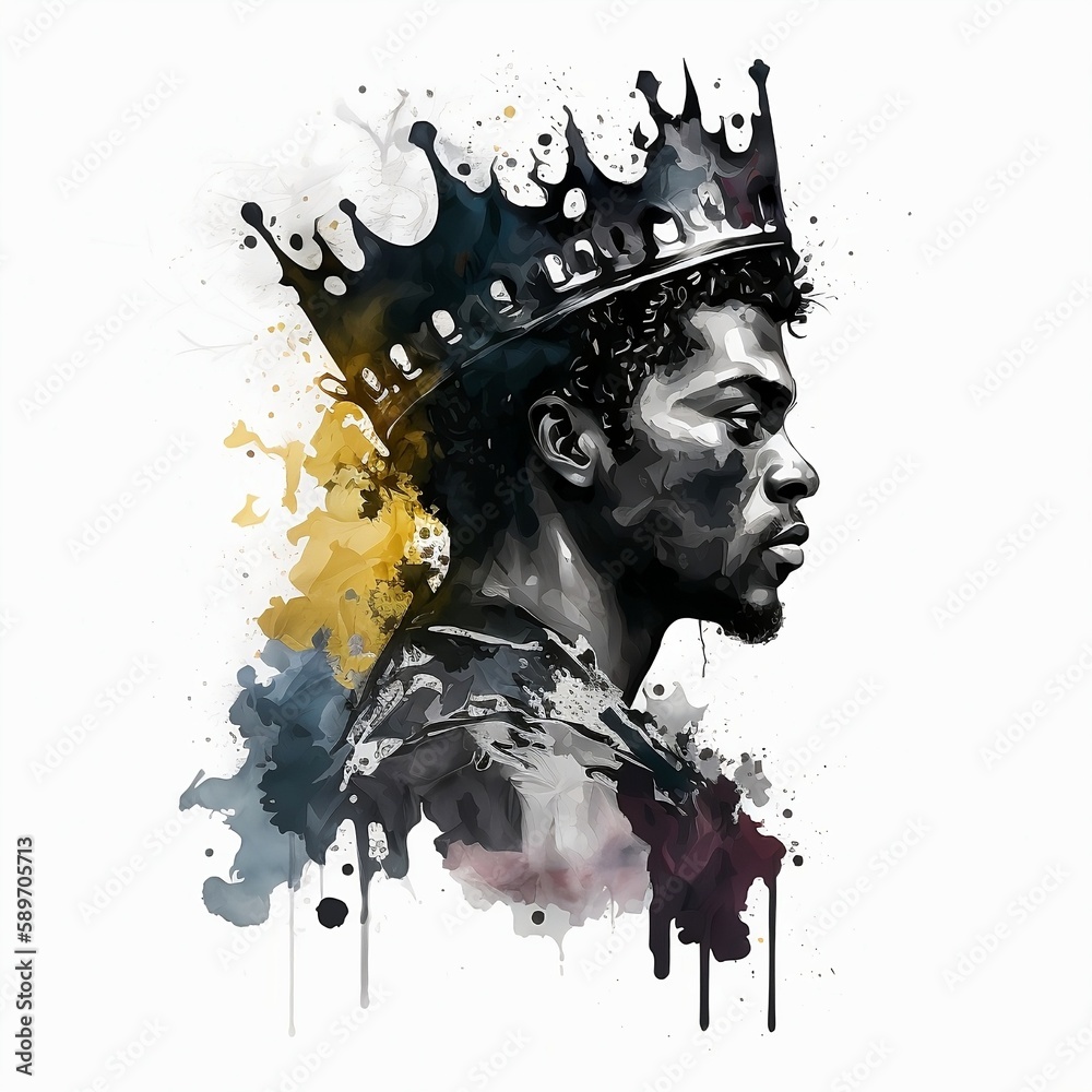 Watercolor illustration of a black king, drawing in a watercolor style ...