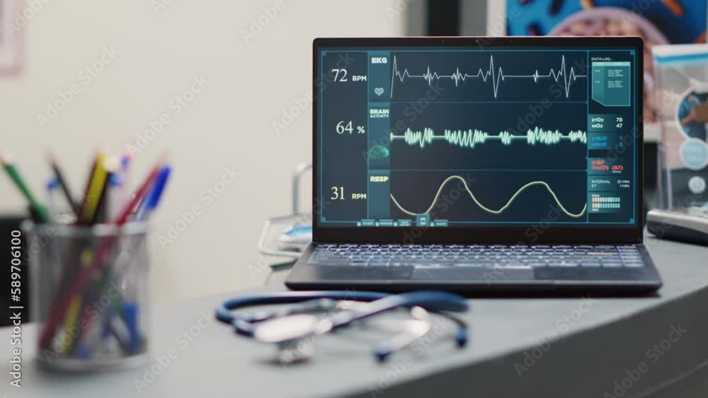 Heart rate monitor on laptop in lobby, running heartbeat and pulse ...