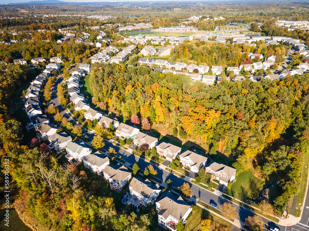 Aerial view of a cluster of houses in a small town in the state of ...