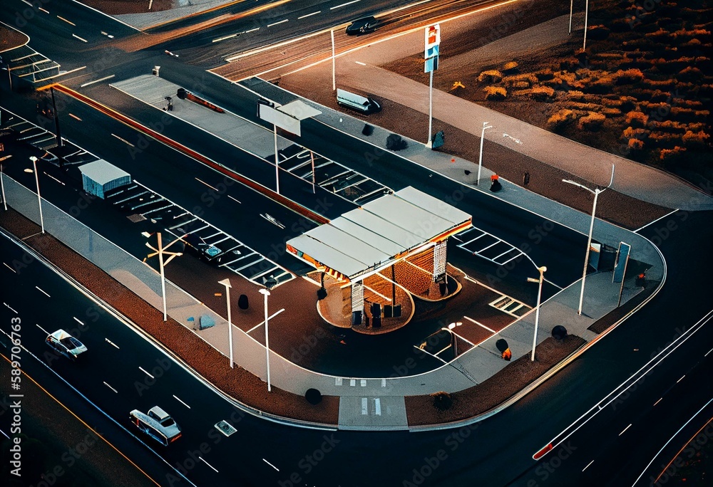Diminishing aerial perspective of rest area on highway, top down ...