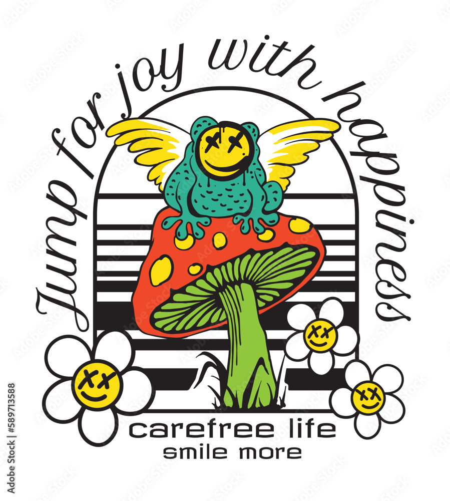 An illustration featuring a frog perched on a mushroom with a happy ...