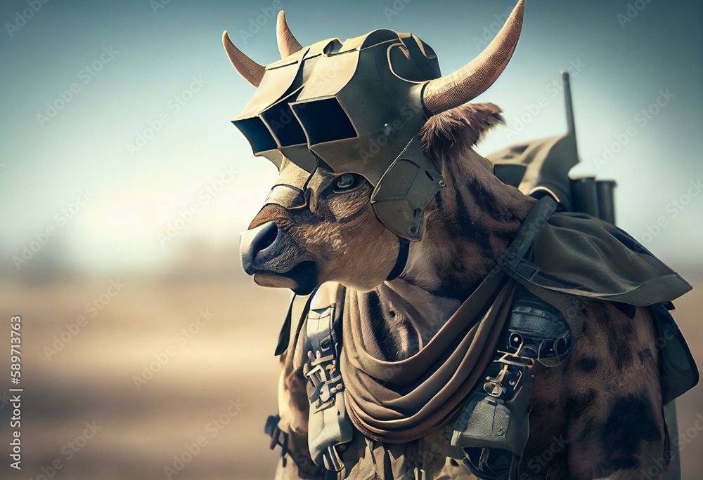 Bull dressed as soldier, concept of Military Costume and Comic Relief ...