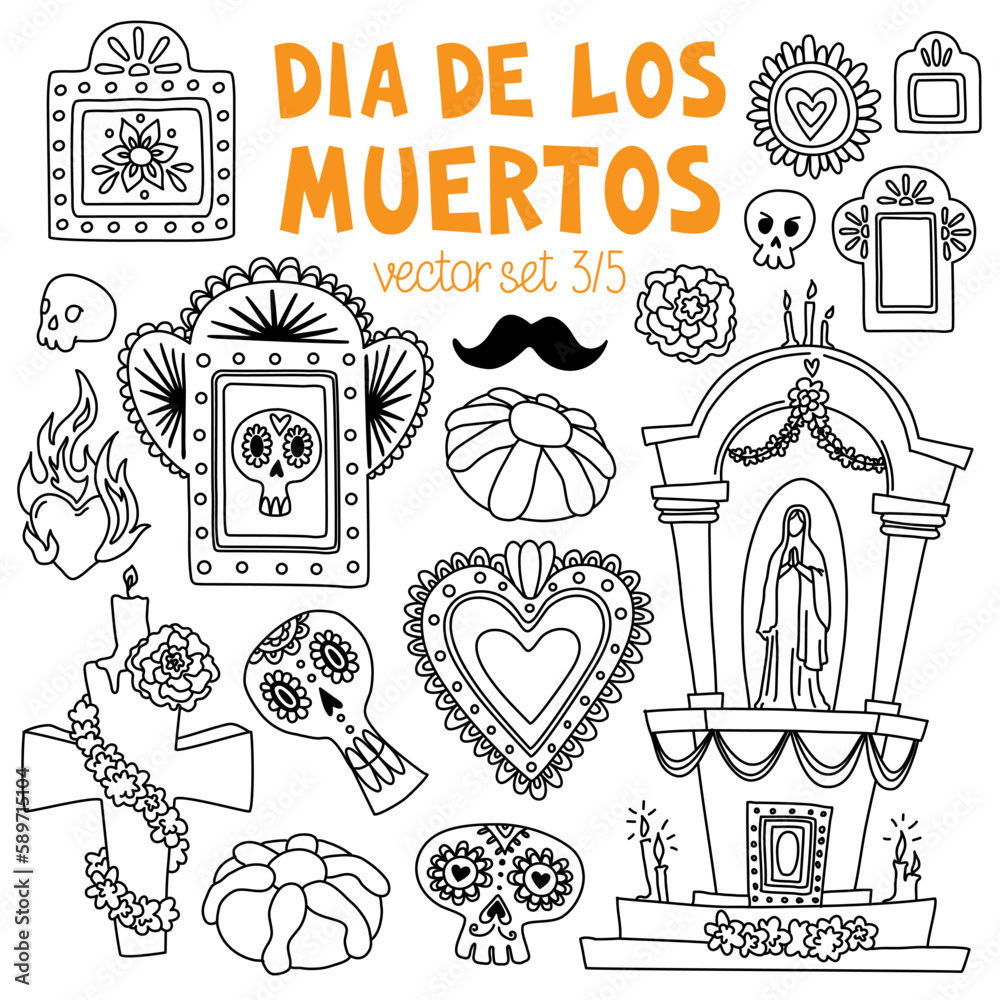 Day of the dead doodles set. Dia de los muertos. Traditional Mexican ...