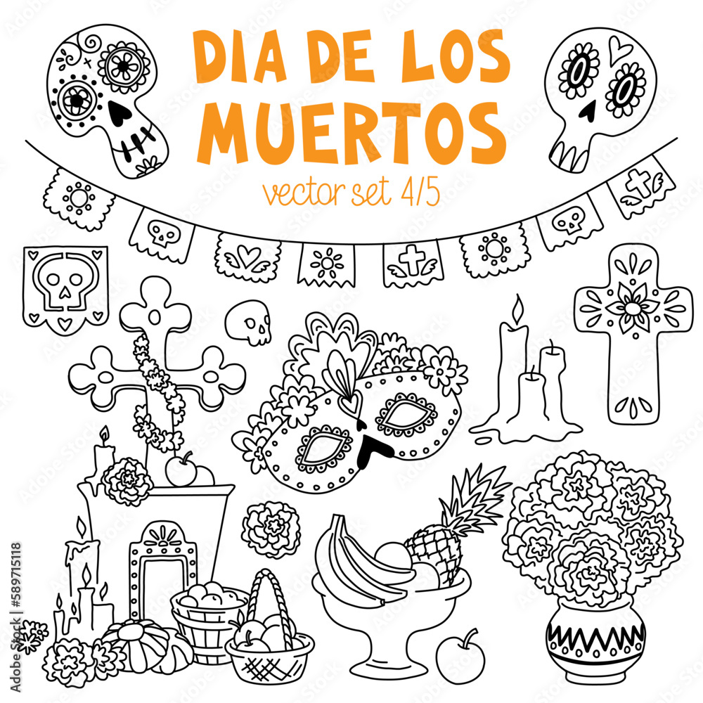 Day of the dead doodles set. Dia de los muertos. Traditional Mexican ...
