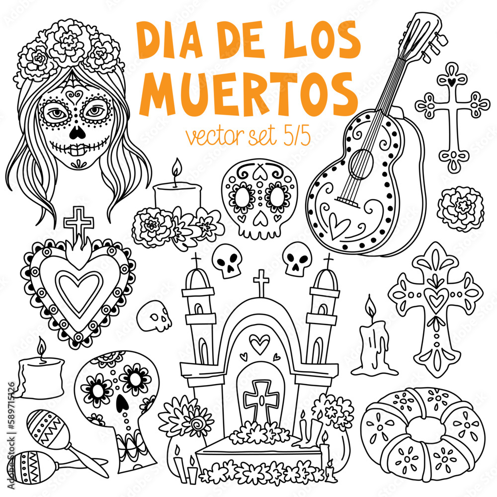 Day of the dead doodles set. Dia de los muertos. Traditional Mexican ...