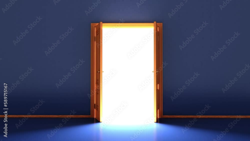 4K Video. White room, bright white light shining behind the opening ...