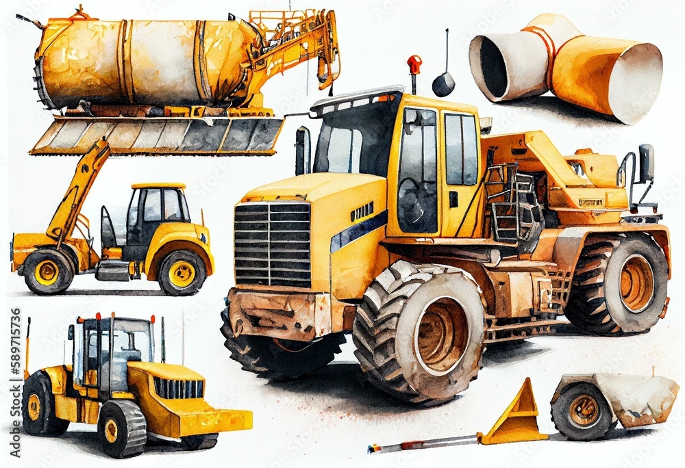 Watercolor seamless pattern with construction vehicles, concrete truck ...