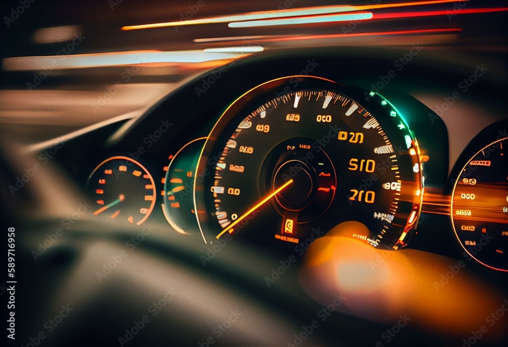 The speedometer of a modern car shows a high driving speed. Added ...