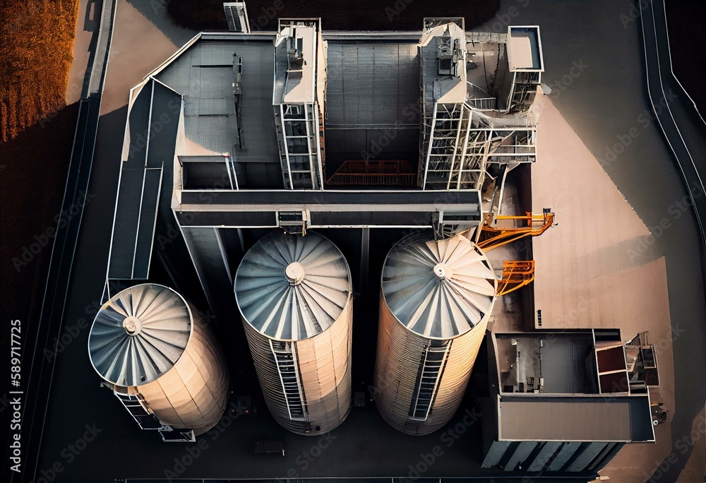 Aerial view of industrial ventilated silos for long term storage of grain and oilseed. Metal ...