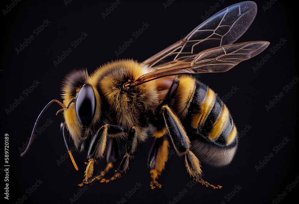 High detail micro macro picture of a honey bumble bee on a black ...