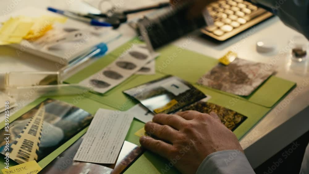 The detective's hands are sorting through the photo documentation for ...