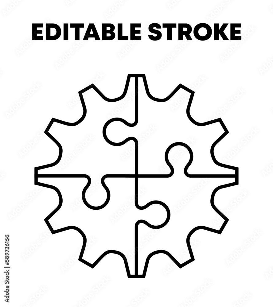 Cog wheel and a jigsaw puzzle. Black gear puzzle line vector isolated ...