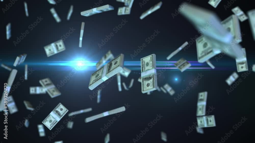 Closeup of 100 Dollar Bills Falling in Slow Motion with Bright Blue ...