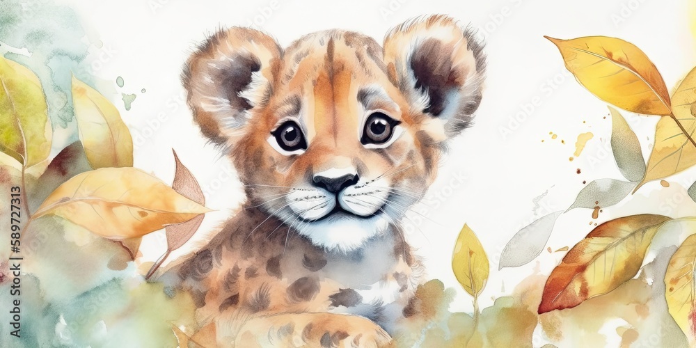 watercolor background with playful baby lion cub border - generative AI ...