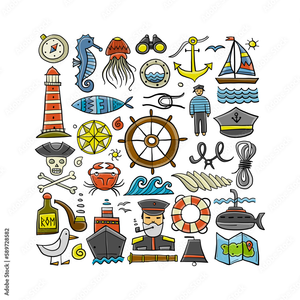 Nautical icons of navigator, ship and captain, lighthouse and sailor ...