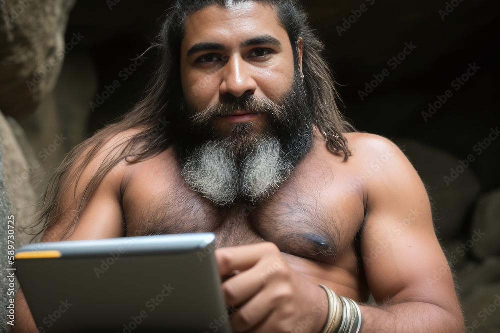 Ancient human using a laptop in a cave, showcasing the advancement of ...