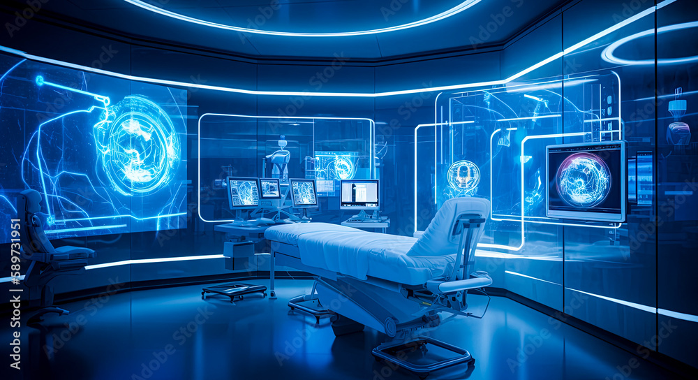 AI medical diagnosis, a futuristic examination room where AI technology ...