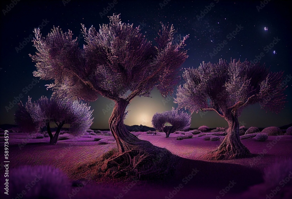 Olive trees in lavender field at night. The dabbing technique gives a ...