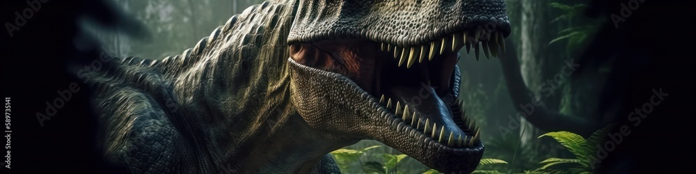 Tyrannosaurus or T-Rex staring out from the jungle burst. Generative AI ...