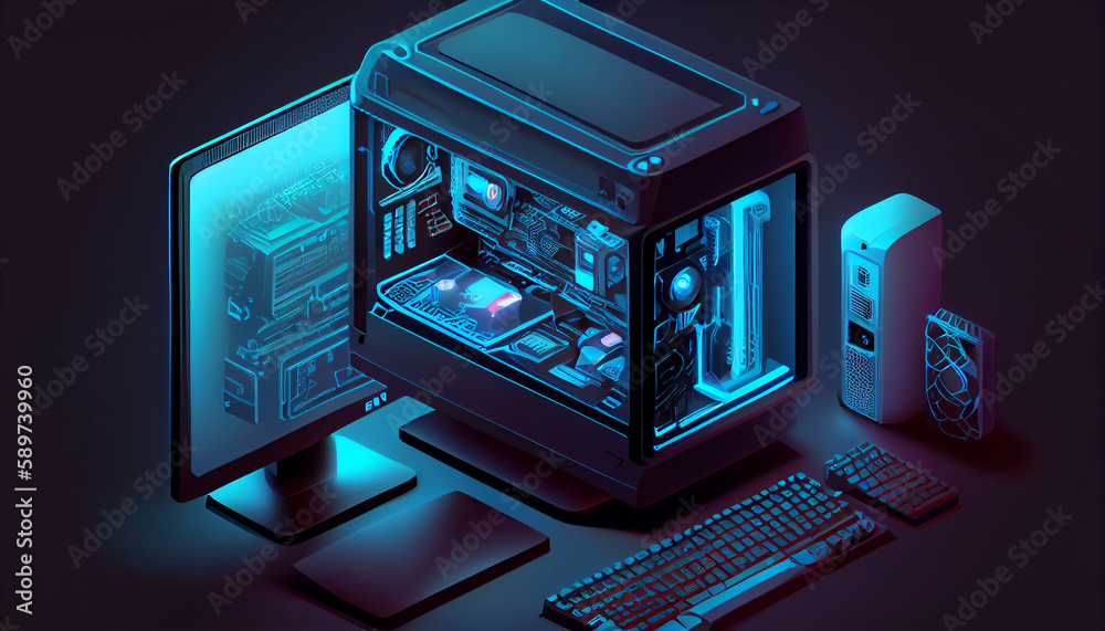 Gaming PC computer glowing in dark Isometric illust Ai generated Image ...