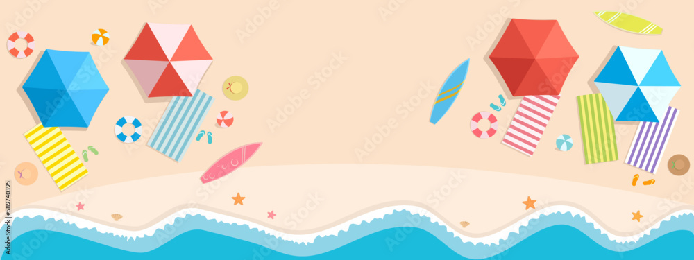 Happy summer beach sea banner vector illustration, top view colorful ...