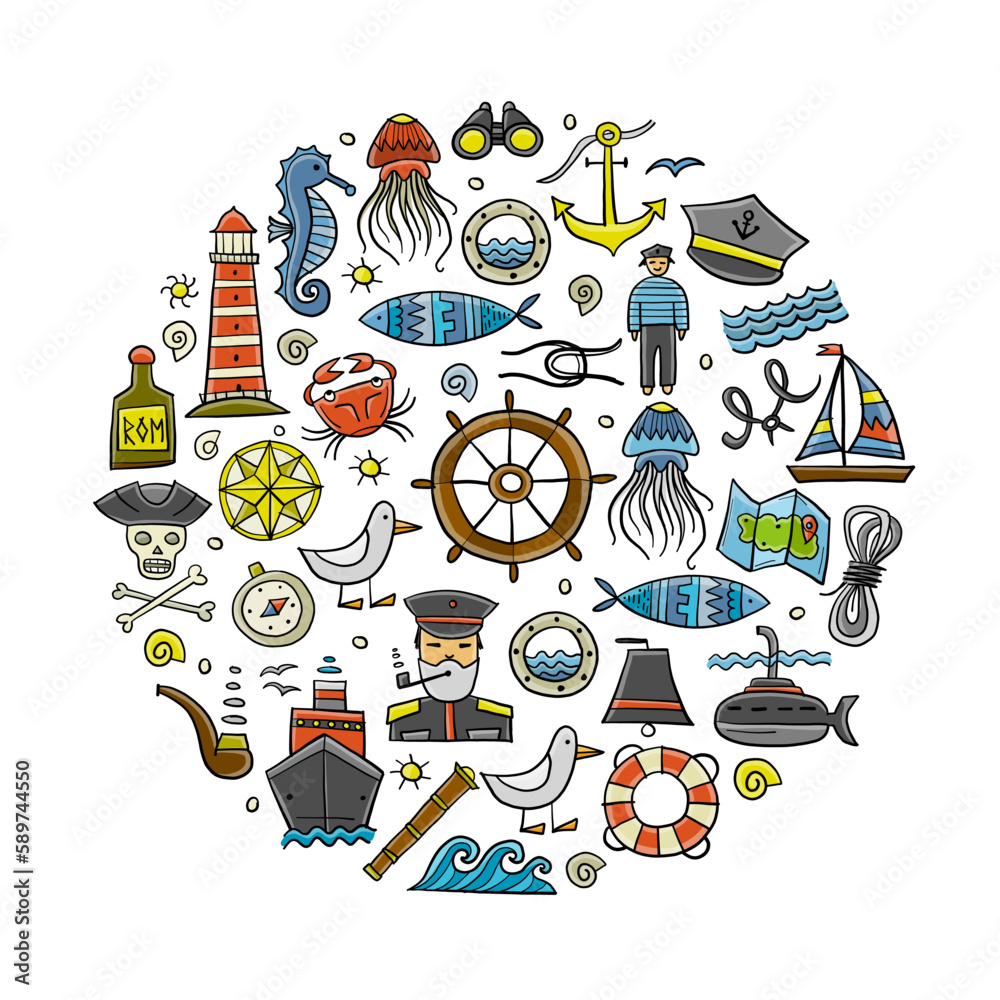 Nautical icons of navigator, ship and captain, lighthouse and sailor ...