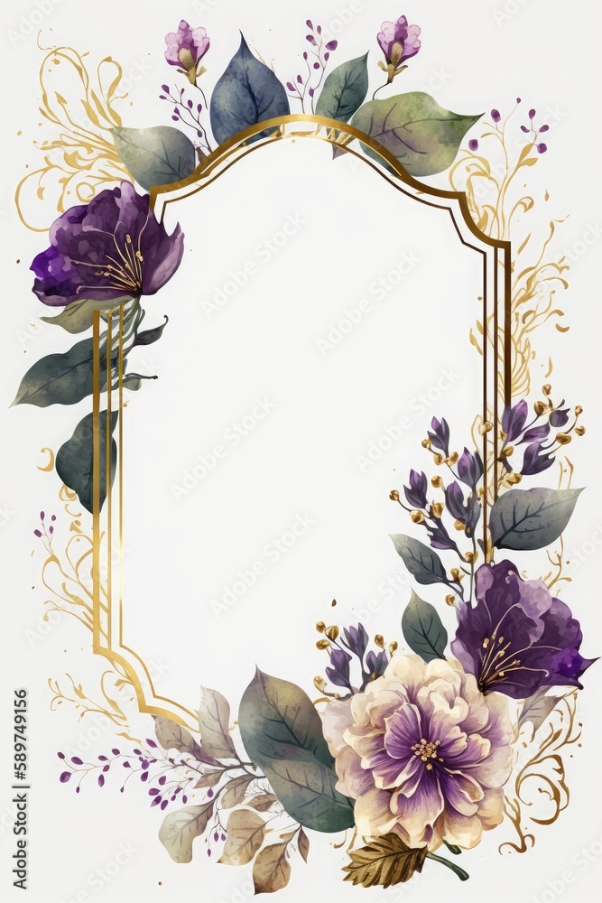 Purple flower frame with watercolor gold frame on white background with Generative AI technology ...