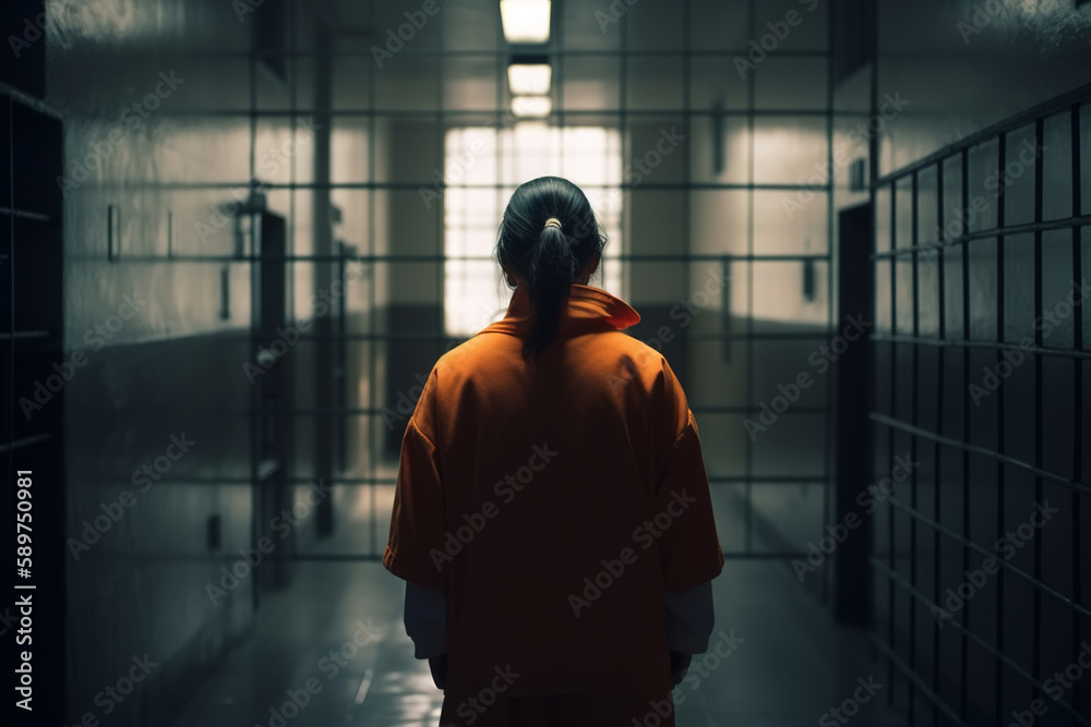 Woman prisoner, back view of brunette in orange uniform in prison ...