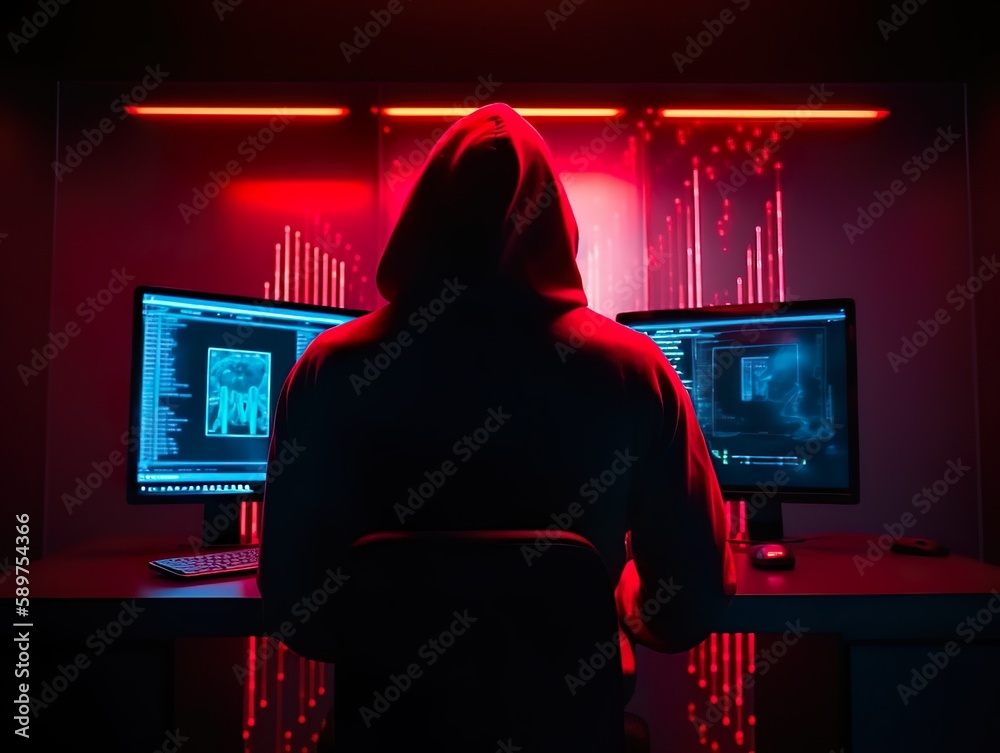 Generative AI Hacker in Dark Room Red Light Back View Seat On The Gaming Chair Wear Hoodie Two ...
