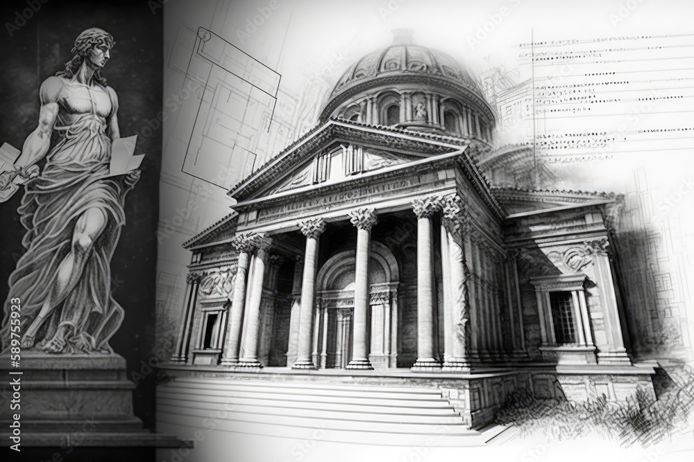 Pencil sketch drawing of Roman building architecture and city landmark ...